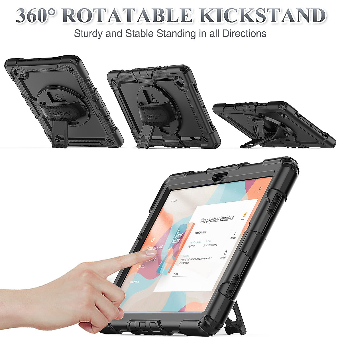 SEYMAC stock Case for Samsung Galaxy Tab A8 10.5'', Full-Body Drop Protection Case with Screen Protector Pencil Holder [360° Rotating Hand Strap] &Stand, Black