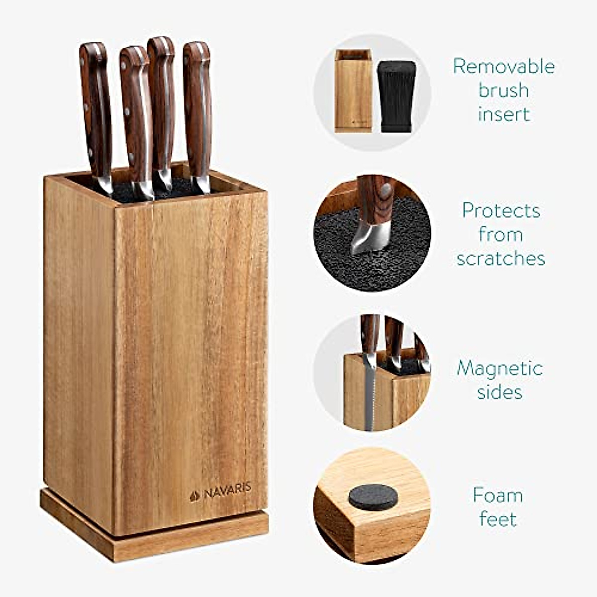Navaris Rotating Wood Knife Block - Magnetic Universal Holder without Knives - Kitchen Storage with Plastic Bristles and Magnetic Sides - Acacia