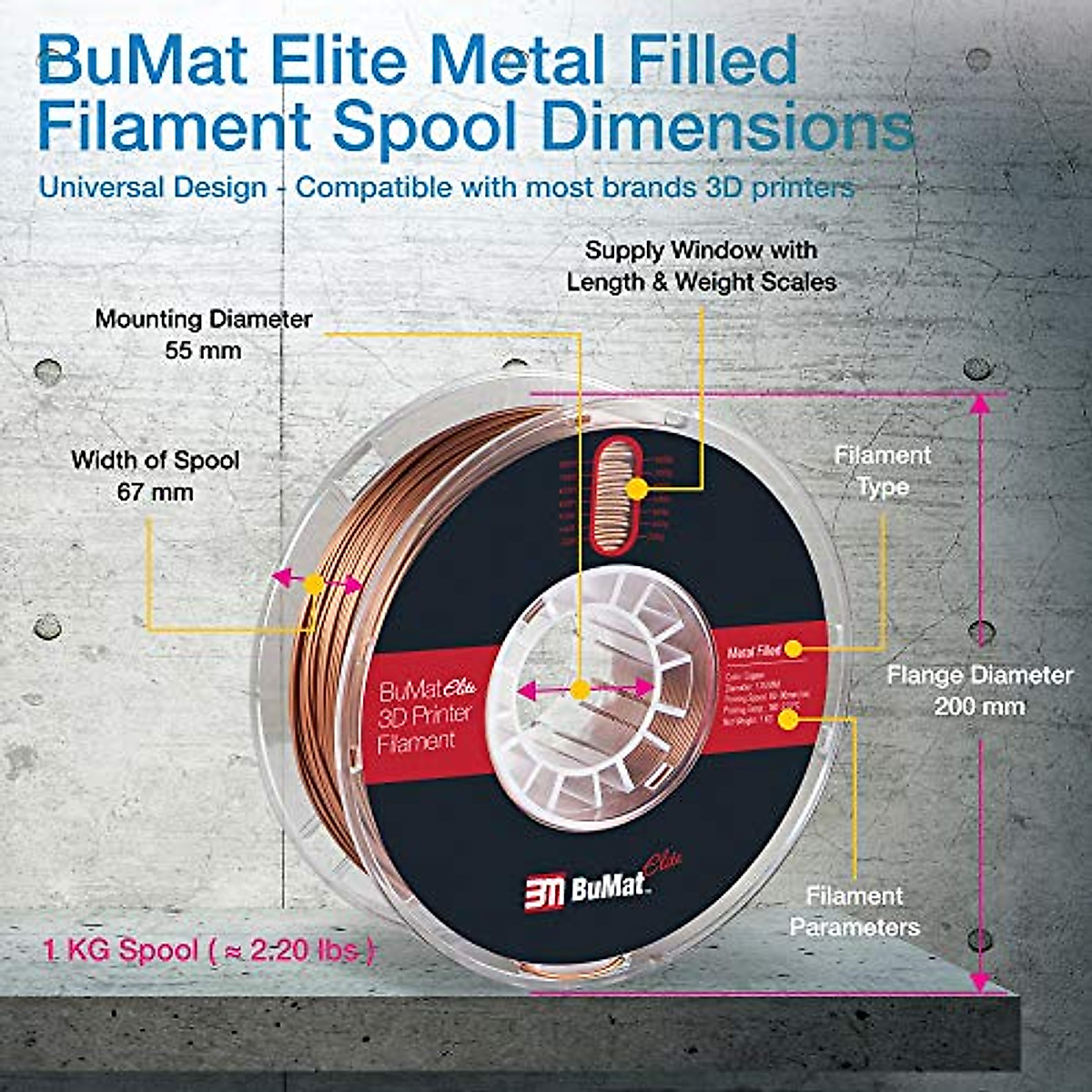 BUMAT Elite Metal Filled 3D Printer Filament, 1.75mm (Copper), 1kg Spool (2.2lbs), Guaranteed Fresh, Dimensional Accuracy +/- 0.02mm, Tangle-Free, Fits Most FDM Printers [Risk-Free]