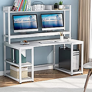Tribesigns 55 Inches Computer Desk with Hutch and Monitor Stand Riser, Rustic Industrial Desk Computer Table Studying Writing Desk Workstation with Storage Shelves Bookshelf for Home Office (White)