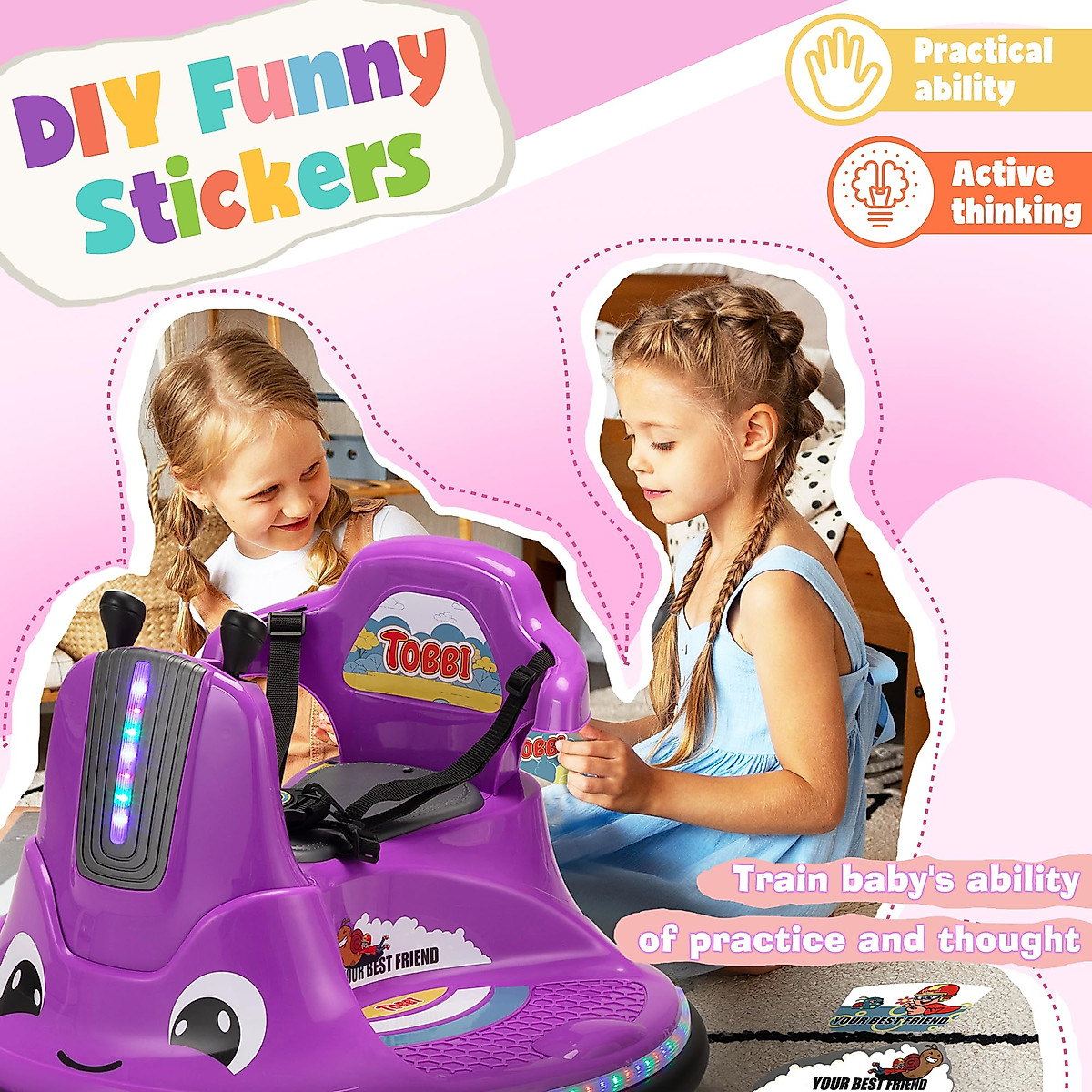 TOBBI Snail Bumper Car 12v Electric Ride on Toy Battery Powered Electric Vehicle with Remote Control/DIY Sticker/360 Degree Spin/LED Lights Gifts for Kids & Toddlers Age 3-9(Dark Purple)