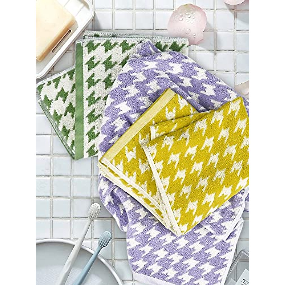 Bathroom Hand Towels 29” x 13”, Ultra Soft Hand Towel Set Houndstooth Pattern, 4 Pack Face Towels for Daily Use, Orange Yellow Green Lilac