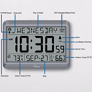WallarGe Atomic Clock with Indoor Outdoor Temperature, Self-Setting Digital Wall Clock Battery Operated, 4 Time Zones, DST