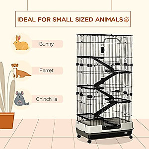 PawHut 60" Small Animal Cage with Wheels, 6-Level Portable Bunny Cage, Chinchilla Ferret Cage with Removable Tray, Platforms and Ramps, Black