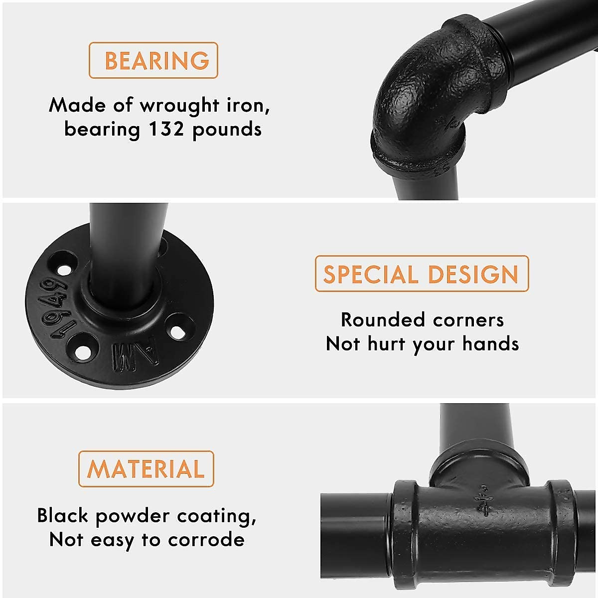 MY RUSTIC Industrial Pipe Clothes Rack-43 Inch, Heavy Duty Detachable Wall Mounted Black Iron Garment Bar, Multi-Purpose Hanging Rod for Closet Storage, Black- 43" L (43" L x 12" W) 41 (black 2)