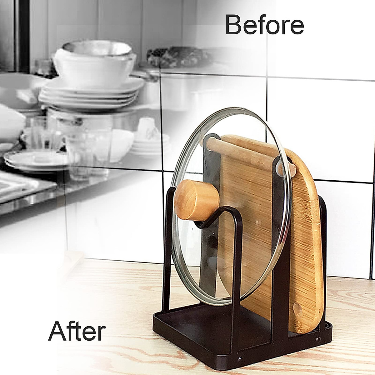 VANRA Cutting Board Organizer Metal Steel Pot Lid Holder Stand Kitchen Countertop Pot Pan Lid Rack, 2 Slots (Deep Brown)