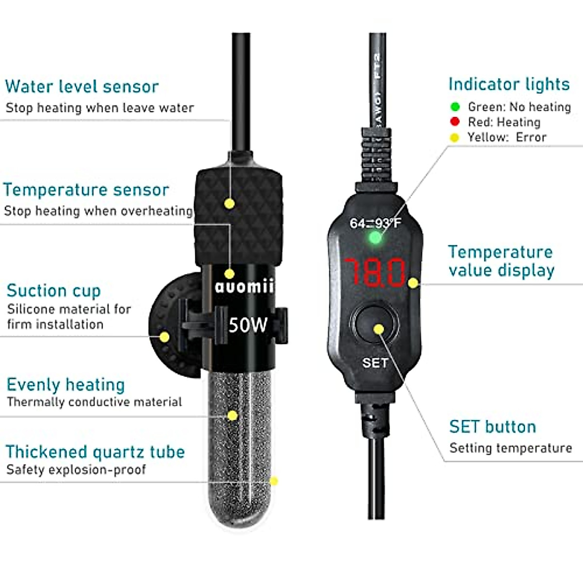 auomii Small Submersible Aquarium Heater,Adjustable Mini Fish Tank Heater 25/50/100/150/200/300 Watts with External Temperature Controller, LED Display, Smart Memory, Used for 1-60 Gallons