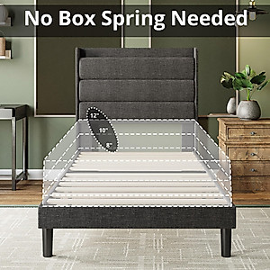 LIKIMIO Twin XL Bed Frames, Storage Headboard with Outlets, Sturdy and Stable, No Noise, No Box Springs Needed, Dark Gray