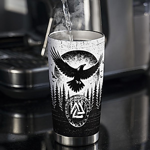 20oz Viking Raven Tumbler, Norse Mythology, Viking Gifts for Men, Vikings Celtic Coffee Thermos, Stainless Steel Double Wall Vacuum Insulated Coffee Mug, Travel Cup with Lid