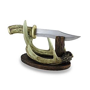 Carved Look Handle Decorative Deer Knife w/Antler Display Stand
