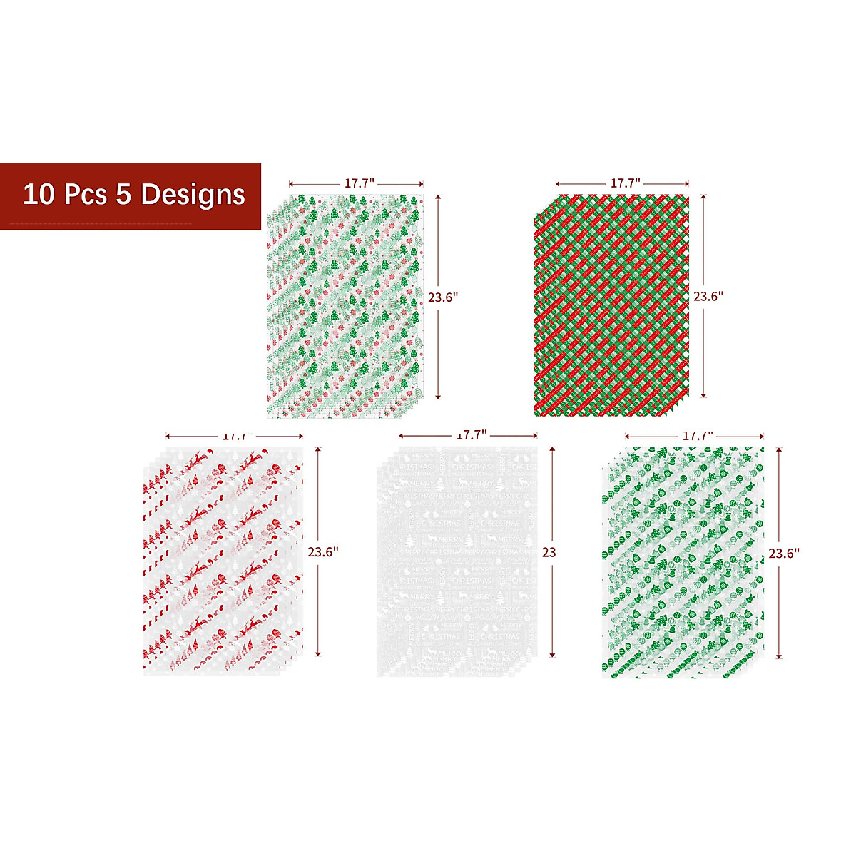 CubesLand Christmas Cellophane Gift Wrap Basket Bags,17.71"x23.62"Christmas Goody Bags 3 Mil Thick Clear Cellophane Wrap Bags,Xmas Gift Bags,Holiday Party Favors Bags,10 Pcs 5 Designs