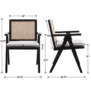 ZHENGHAO Rattan Dining Chairs Set of 4, Mid Century Modern Linen Accent Chairs with Mesh Back Upholstered Cane Chairs Comfy Side Chair with Arms for Dining Room/Kitchen/Living Room, Black Beige