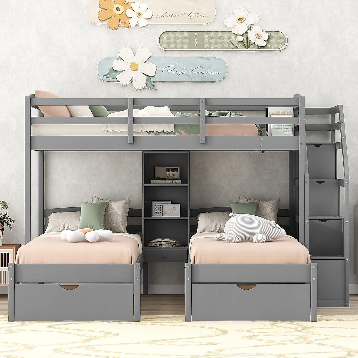 Triple Bunk Beds with Stairs , Wood Twin Over Twin & Twin Bunk Bed with Storage Drawers and Built-in Shelves, Triple Bed for Kids ,3 Bed Bunk Beds with Storage for Girls Boys ,Grey