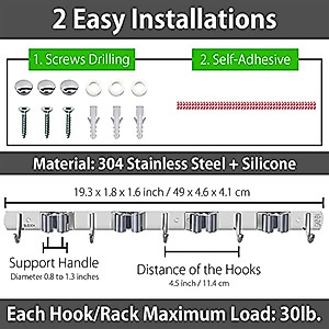 Garnen Mop and Broom Organizer (4 Racks 5 Hooks), Heavy Duty Broom Wall Mount Rake Holder Stainless Steel Tool Hanger for Home, Kitchen, Garage, Garden, Laundry Room, Bathroom Organization and Storage