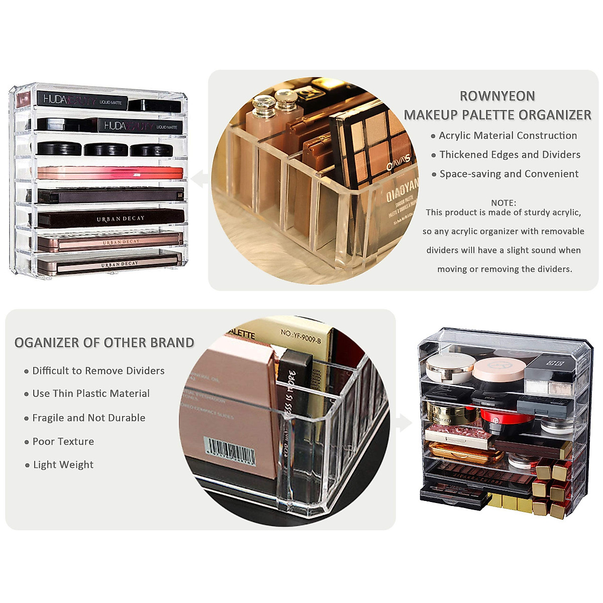 ROWNYEON Acrylic Makeup Organizer Compact Makeup Palette Organizer 8 Spaces Eyeshadow Pallet Makeup Organizer Holder For Vanity Clear Cosmetics Makeup Drawer Organizer With Removable Dividers