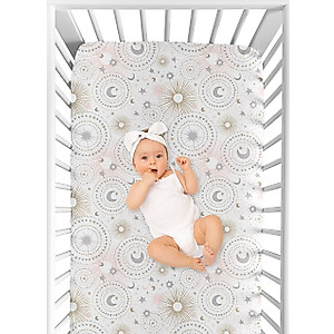 Sweet Jojo Designs Star and Moon Girl Jersey Stretch Knit Baby Fitted Crib Sheet for Soft Toddler Bed Nursery - Blush Pink, Gold, and Grey Celestial