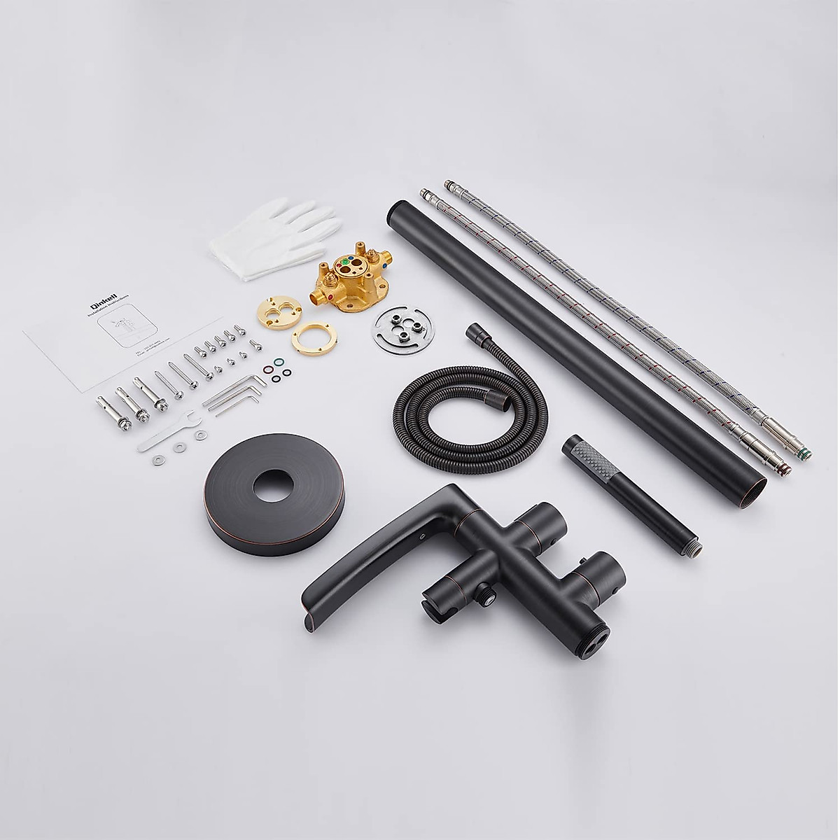 Qinkell Thermostatic Freestanding Tub Filler Floor Mount Waterfall Bathtub Faucet Oil-Rubbed Bronze Bathroom Taps with Handheld Shower