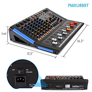 PYLE 8-Channel Bluetooth Studio Audio Mixer - DJ Sound Controller Interface w/ USB Drive for PC Recording Input, XLR Microphone Jack, 48V Power, RCA Input/Output for Professional & Beginners
