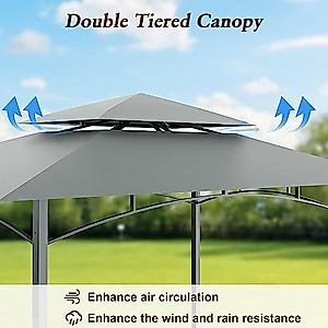 Zevemomo Grill Gazebo, 8x5 FT Grill Canopy for Outdoor Grill, Double Tiered BBQ Canopy Tent with 2 Shelves, 10 Hooks and Bottle Opener, All Weather Outdoor Gazebo for Patio, Backyard, Garden, Gray