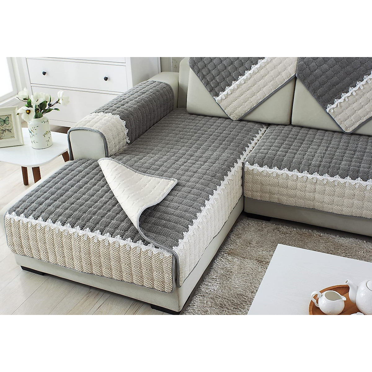 vctops Soft Corduroy Sofa Couch Cover, Plaid Sectional Couch Covers, Non-Slip Sofa Slipcover for Dogs Cats Kids(Light Grey,28"x28")