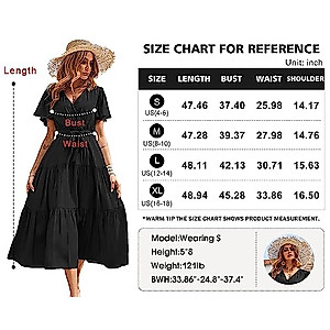 PRETTYGARDEN Summer Dresses for Women 2023 V Neck Wrap Short Sleeve Boho Midi Dress Tie Waist A Line Beach Sun Dresses (Black, Medium)