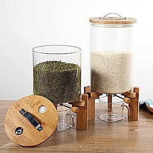 Rice Dispenser Flour Cereal Container Glass Food Storage Container with Airtight Lid and Wooden Stand for Flour, Sugar, Grain and Ground Coffee (8L)