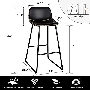 HeuGah Bar Stools,30" Bar Height Stools Set of 2,Faux Leather Bar Stools with Back,Modern Counter Stool for Kitchen Island (Black)
