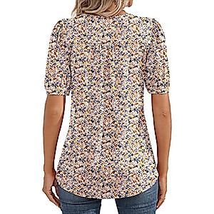 Ficerd Women's Puff Short Sleeve Tunic Tops Pleated Crew Neck Blouses Dressy Casual Loose Spring and Summer T-Shirts (Pink Flower, Medium)