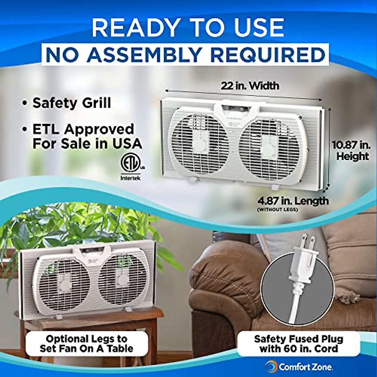 Comfort Zone CZ319WT 9" Twin Window Fan with Reversible Airflow Control, Auto-Locking Expanders and 2-Speed Fan Switch, White