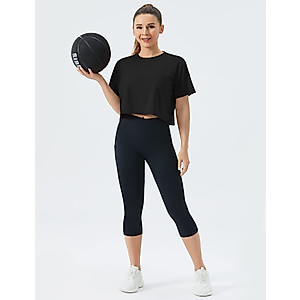 THE GYM PEOPLE Women's Workout Crop Top T-shirt Short Sleeve Boxy Yoga Running Cropped Basic Tee Black