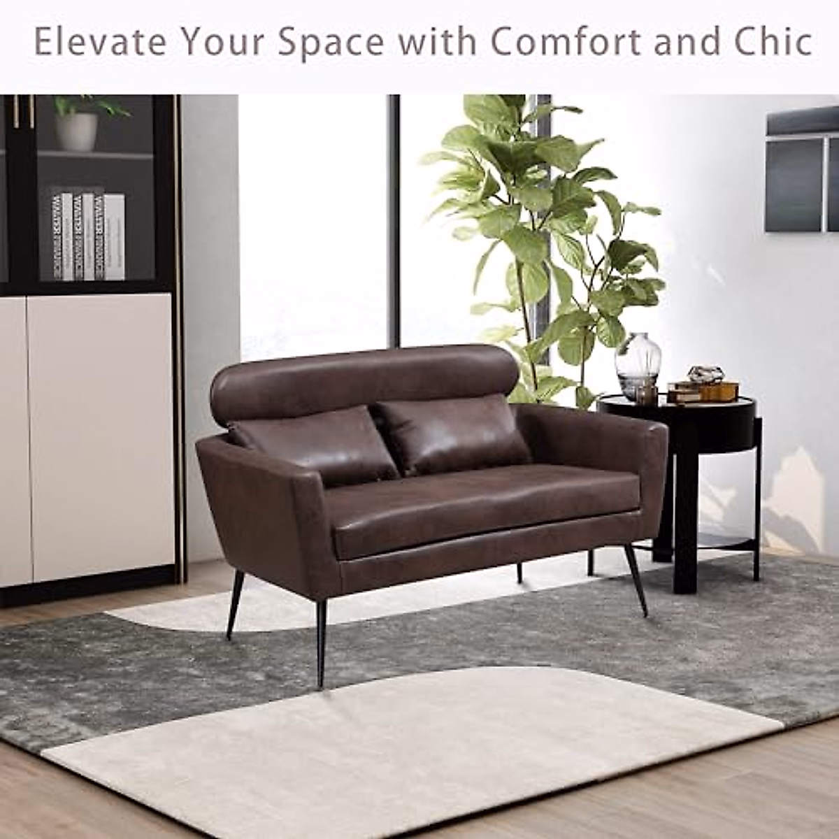 51" Faux Leather Loveseat Sofa with 2 Throw Pillows,Mid-Century Loveseat Faux Leather Sofa Couch for Small Space,Two-Seater Sofa with Metal Legs,Small Mini Room Couch for Office (Dark Brown)