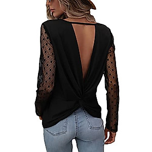 WDIRARA Women's V Neck Polka Dots Sheer Mehs Long Sleeve Twist Backless Sexy Top Black M