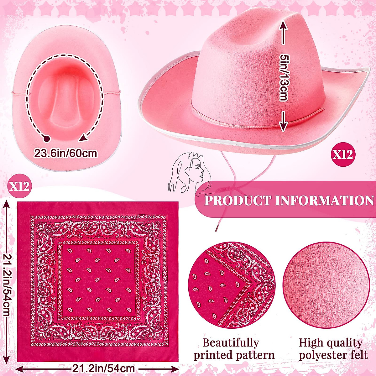 Tarpop 24 Pieces Pink Cowgirl Hat Feather with Paisley Bandanas for Western Cowgirl Party Costume Accessories(Cute Style)