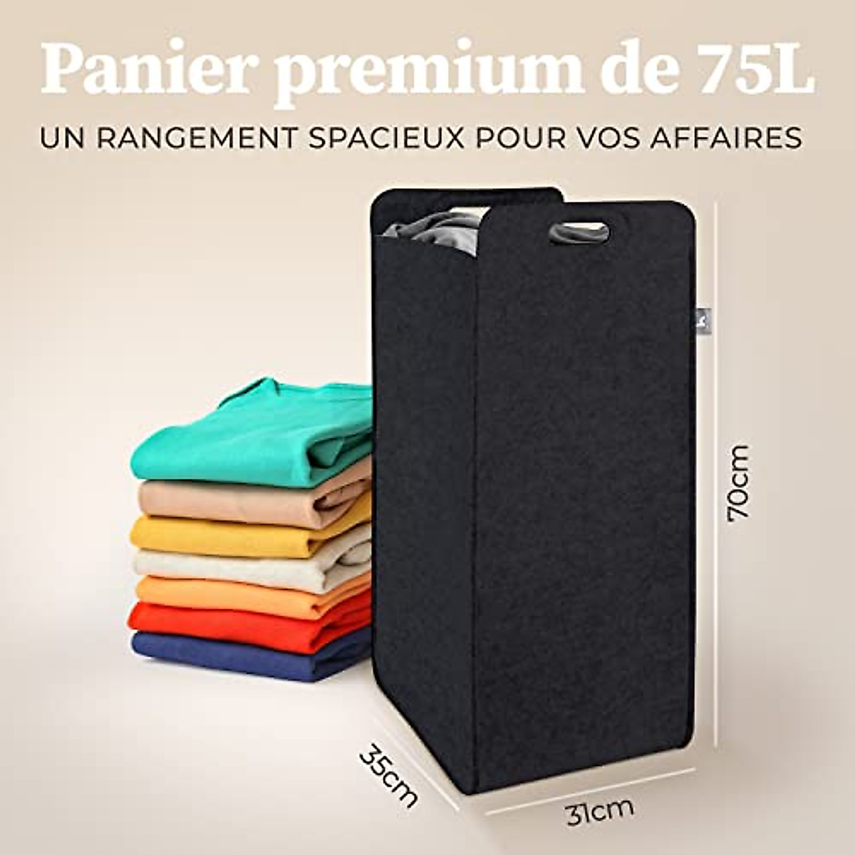 Hennez Collapsible Laundry Hamper Felt 70L - Lightweight Foldable Laundry Bin - Dirty Clothes Hamper - Tall Basket - Laundry Baskets with Handles - Pop Up Laundry Hamper - Felt Basket - Kids Hampers