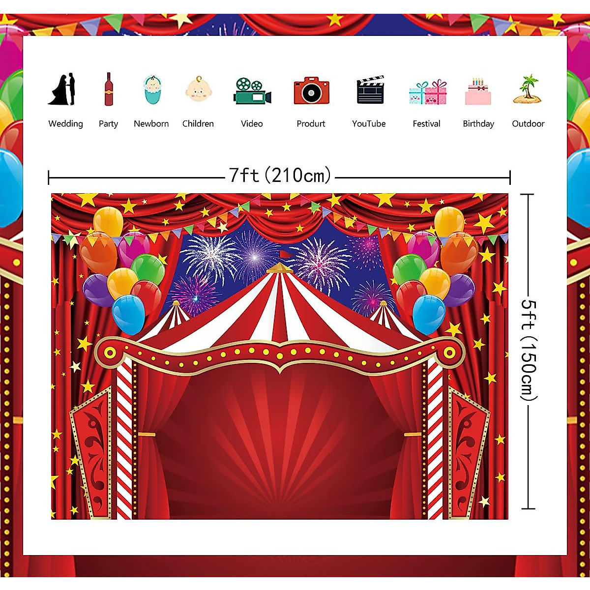 Red Circus Backdrop 7x5FT Carnival Theme Tent Photography Background Circus Amusement Park Fireworks Balloon Banner for Newborn Baby Shower Birthday Party Decorations Supplies (84x60 inch)