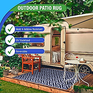 Latest Sense Outdoor Plastic Straw Rug 5x8ft – Outdoor Patio Rug Camping Mat – Durable Waterproof Black and Gray Outdoor Rug – Outside Rug Ideal for Patio, Deck, Beach, Garden, RV