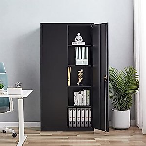 Rophefx 2 Doors Metal Storage Cabinet, Tall Locking Storage Cabinet with 4 Adjustable Shelves for Warehouse, Garage, Home Office, Black