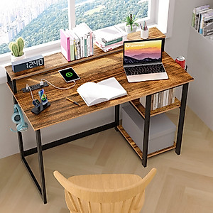 GreenForest Computer Desk with USB Charging Port and Power Outlet, Reversible Home Office Desk with Monitor Stand and Shelves for Small Space, 47 inch Work Desk with Cup Holder and Hook, Walnut