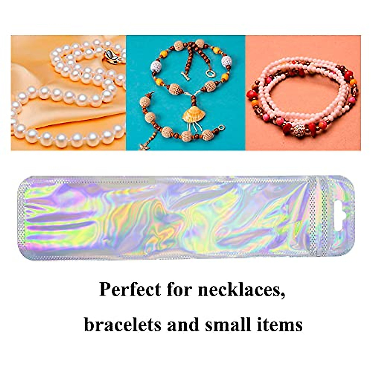 Resealable Foil Ziplock Bags 50 PACK Aluminum Foil Bags Long Jewelery Plastic Bags For Pen Lip Eyelash Jewelry Necklace Long Packaging Holographic Rainbow Color