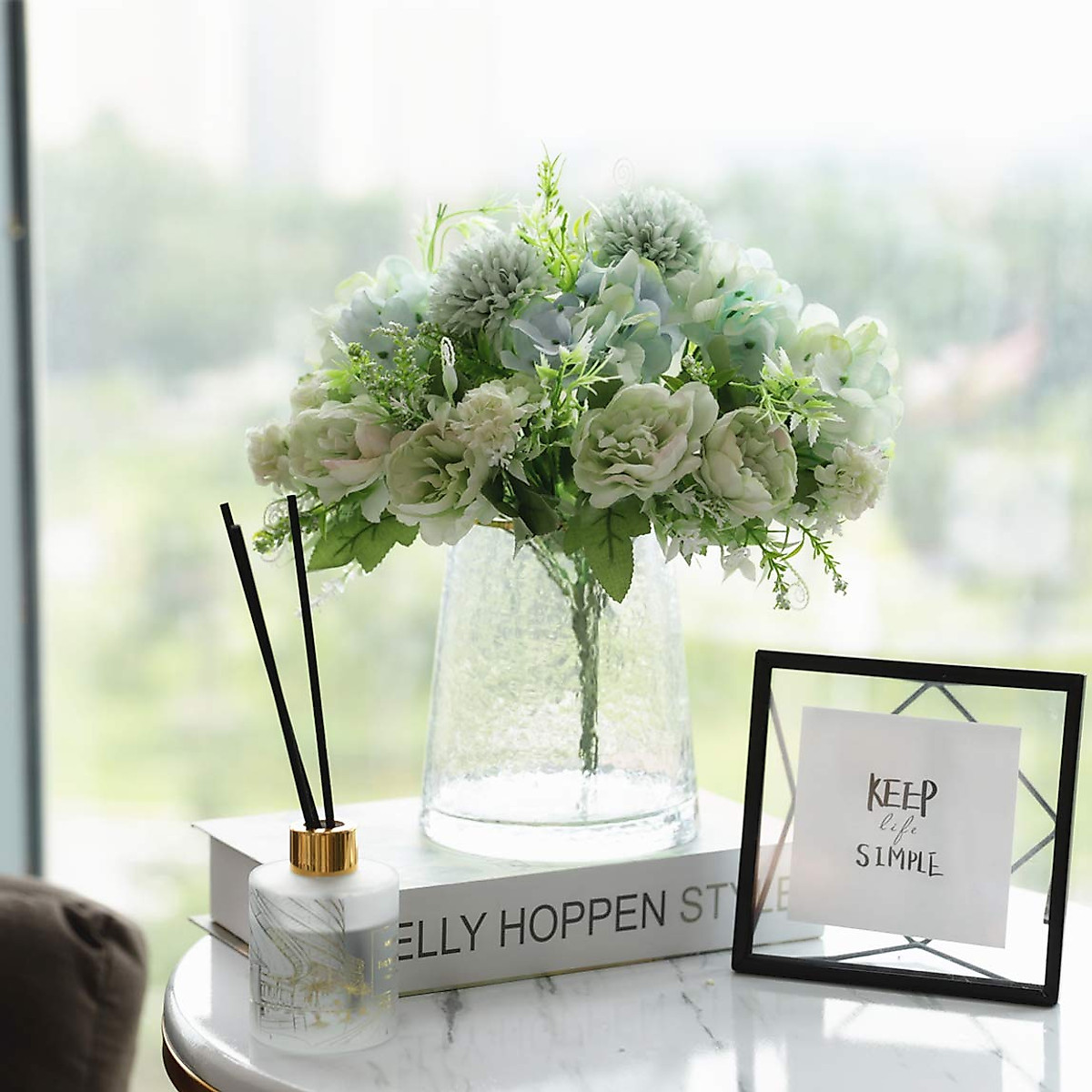 Decpro 2Pcs Artificial Peony Silk Hydrangeas Chrysanthemum Carnations Flower Bouquets for Wedding, Home Office Garden Decoration, Table Centerpieces, Floral Arrangements, Light Green