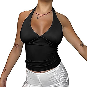 HOTOLP Halter Crop Tops for Women Sexy Deep V Neck Backless Going Out Tops Sleeveless Tie Back Cami Y2k Workout Tank Top (L Black)