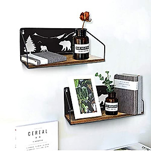 Giftgarden Floating Shelves for Wall with Unique Adorable Bears Cutouts, Rustic Wooden Iron Wall Shelf Decor for Bathroom Cabin Lodge Bedroom Kitchen Living Room Nursery, Black, Set of 2