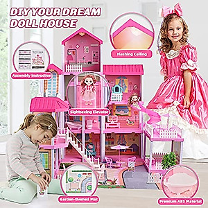 Doll House for 3 Year Old Girls,4-Story 13 Rooms Doll House,Fully Furnished Dollhouses w/Lights,Play Mat and Upgraded Doll,Play House Accessories,Elevator and Slide,Gift Toy for Kids 4 5 6 7 8 to 12+