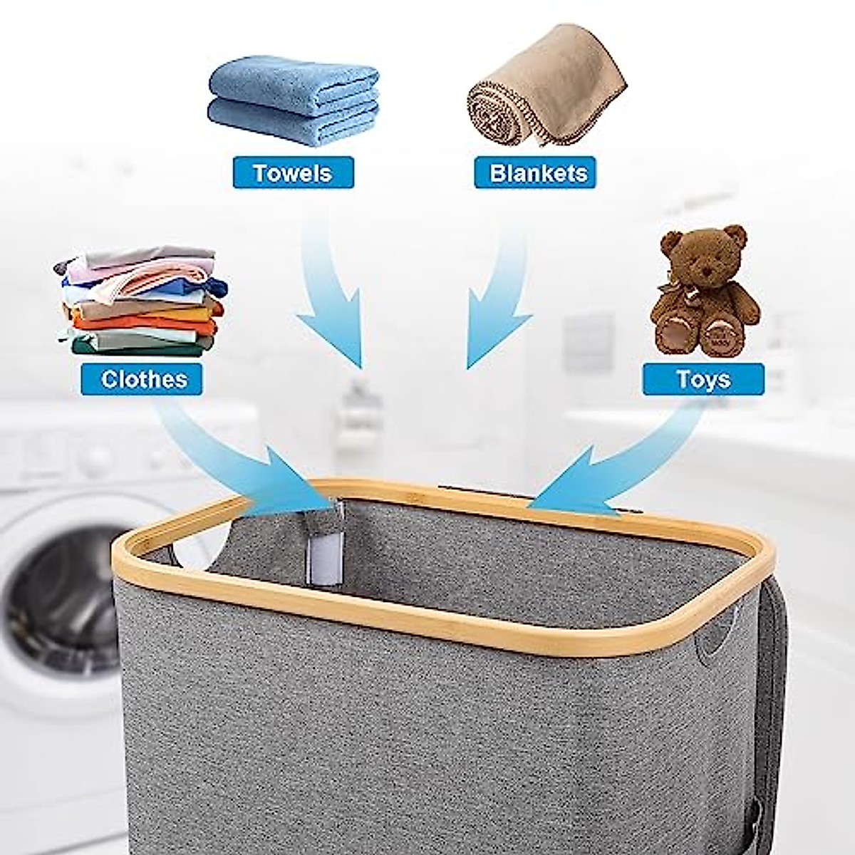 Laundry Hamper, Zekeson 100L Collapsible Laundry Basket with Lid and Handle, Clothes Basket Organizer with 2 Removable Inner Bags for Storage in Bedroom Bathroom Children's Room (Gray)