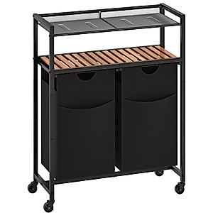 YATINEY Laundry Hamper with Wheels, Laundry Sorter 2 Section, Rolling Laundry Basket, 2 Pull-Out and Removable Laundry Bags, for Laundry Room, Badroom, Rustic Brown LS22BR