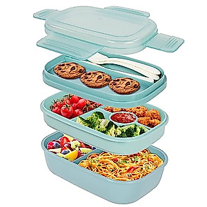 Puraville 3 Layers Stackable Bento Lunch Box for Kids and Adults, 1900ml Large capacity Lunch Box for Men and Women with Utensil Set, Leak Proof, BPA-Free, Microwave Dishwasher Safe - Light Blue