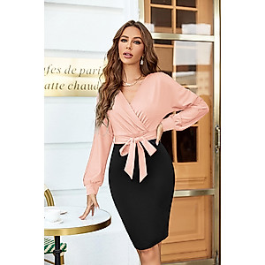 GRACE KARIN Women's Bodycon Dress Wear to Work Long Sleeve Business Office Dress Pink-Black S