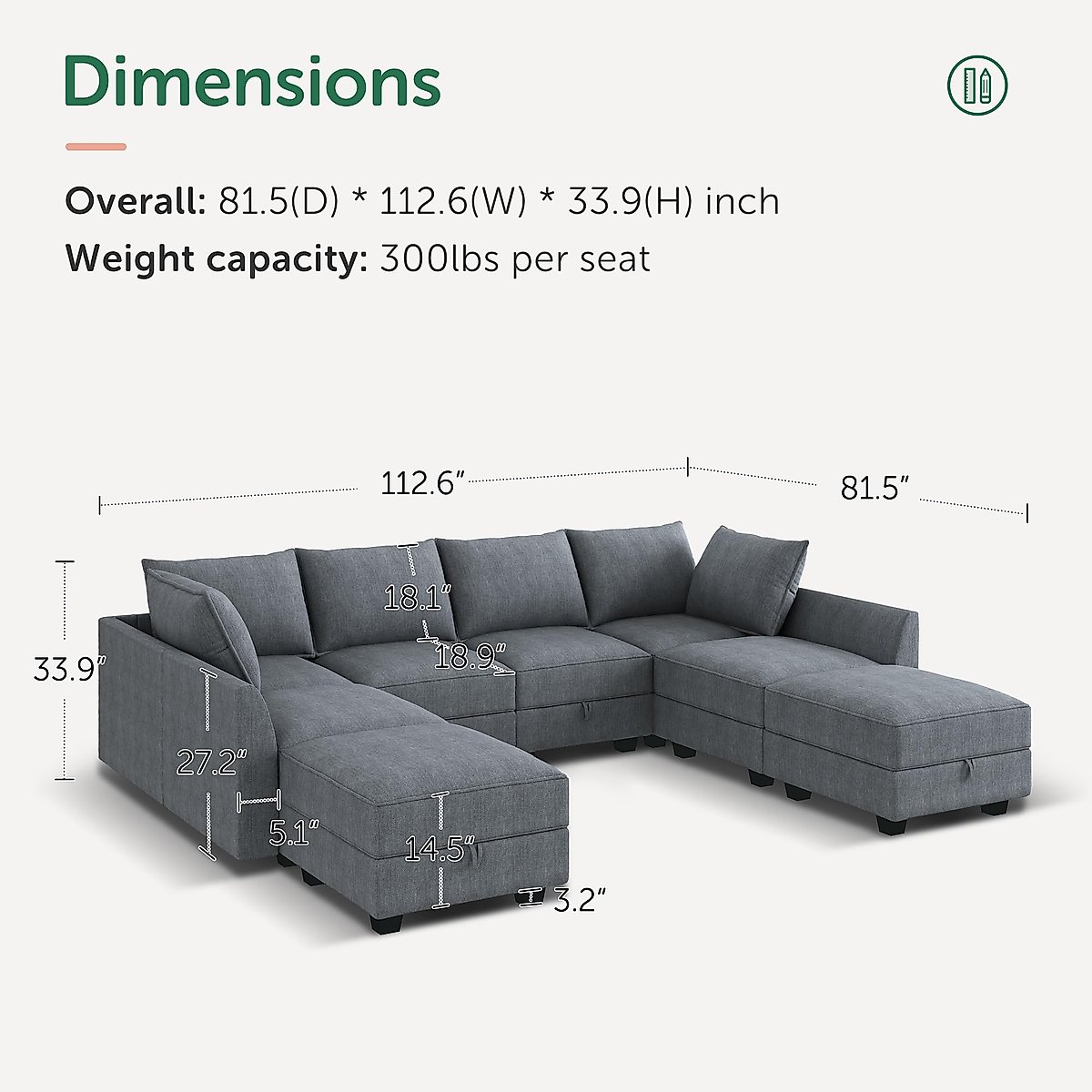 HONBAY Modular Sectional Couch U Shaped Sectional Sofa with Reversible Chaise Modular Sofa Couch with Storage Seat, Bluish Grey