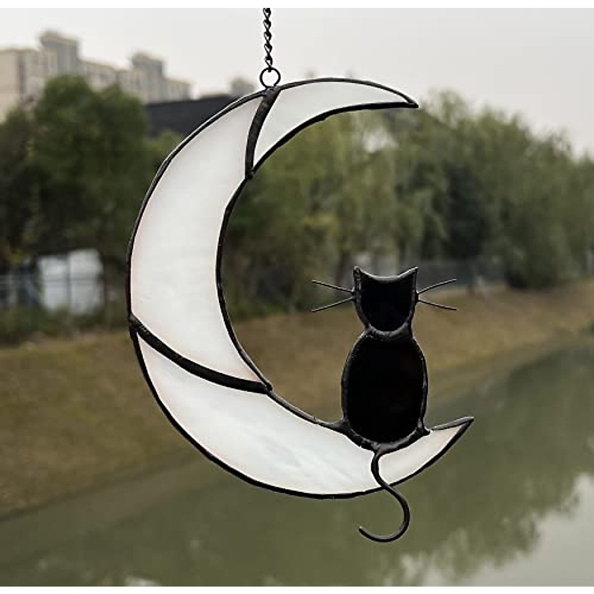 Black Cat Decor On White Moon Stained Glass Window Hanging Suncatcher for Windows Panels Sun Catcher Halloween Ornament Decoration Memorial Gift Cat for Lover Cat Loss