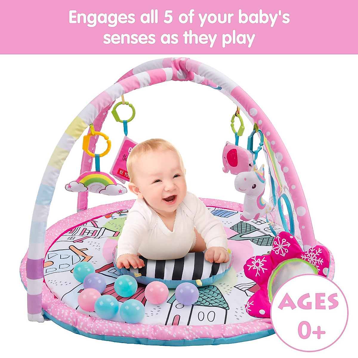 Amagoing Baby Gym Play Mat,4-in-1 Infant Activity Gym with 6 Detachable Toys & Ball Pit for Toddler Sensory and Motor Skill Development Discovery, Newborn Essential Gifts for 0-12 Months Baby Girl Boy